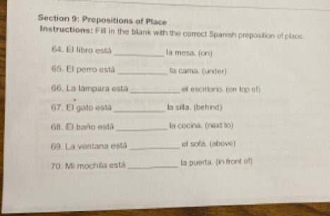 Solved: Prepositions of Place Instructions: Fill in the blank with the ...