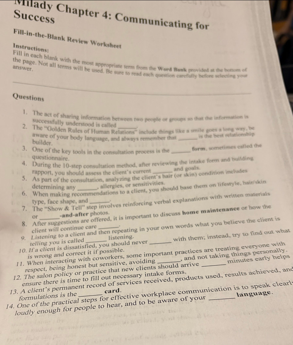 Solved: Milady Chapter 4: Communicating for Success Fill-in-the-Blank ...