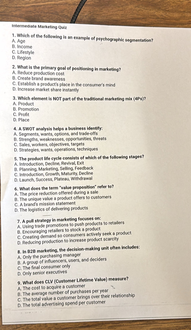 Solved: Intermediate Marketing Quiz 1. Which of the following is an ...