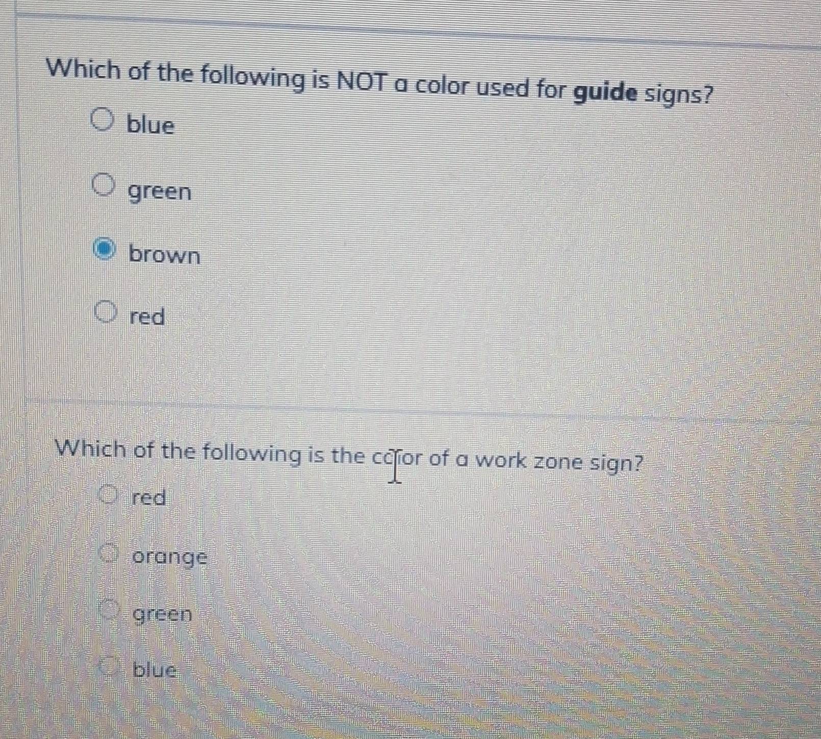 Solved: Which of the following is NOT a color used for guide signs ...