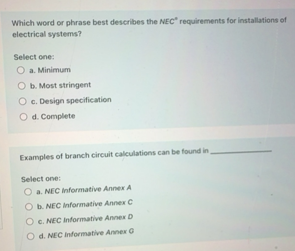 Solved: Which word or phrase best describes the NEC° requirements for ...
