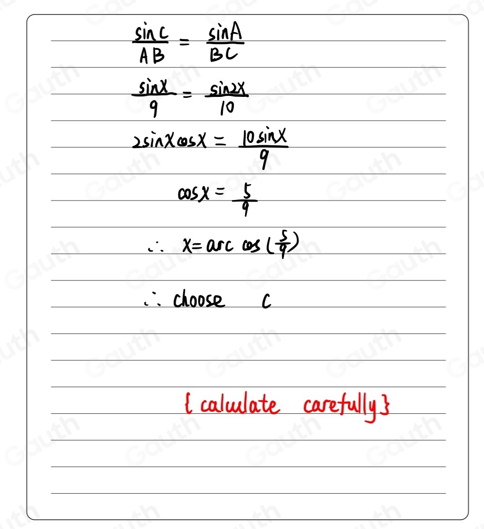 Solved: Determine the angle x in the triangle given below with AB=9 and BC=10. Hint: Use the Law ...