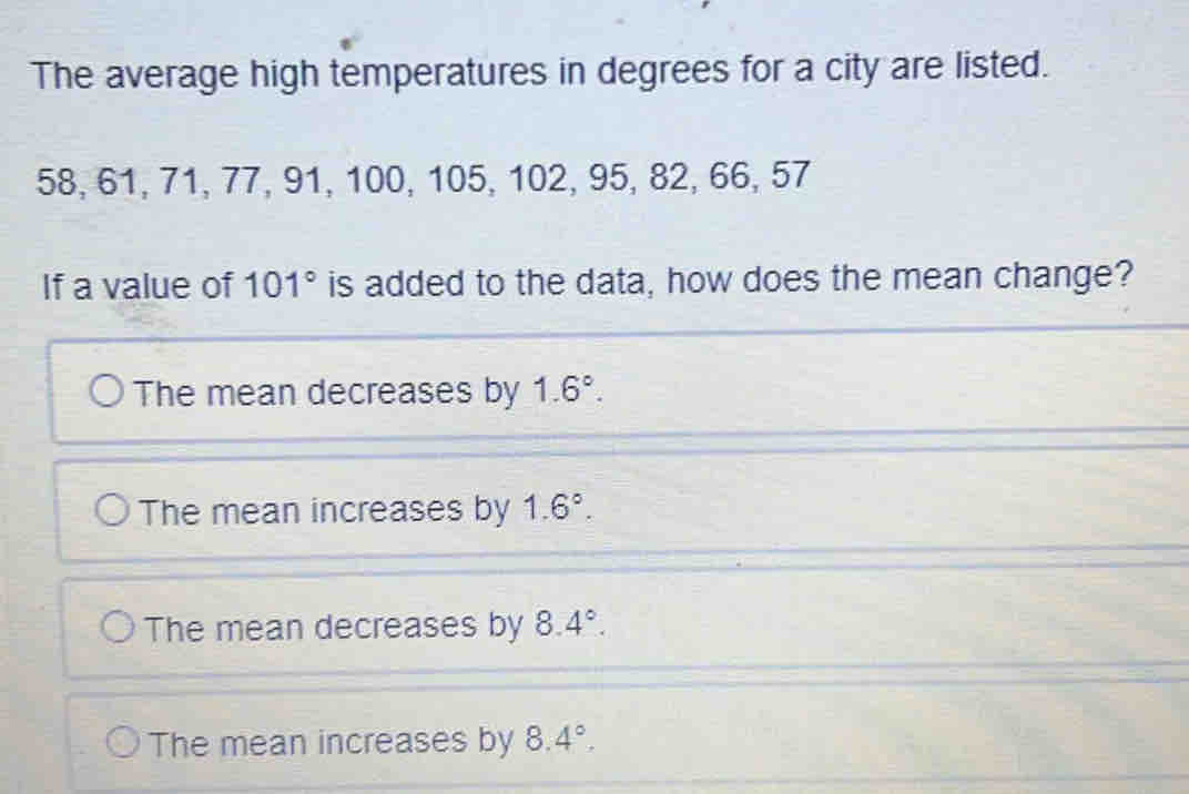 Solved: The average high temperatures in degrees for a city are listed ...