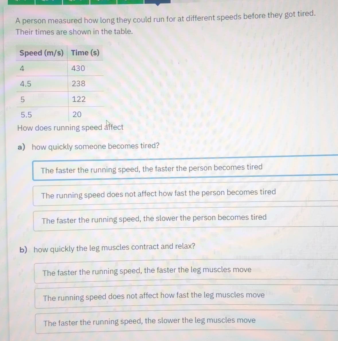 Solved: A person measured how long they could run for at different ...