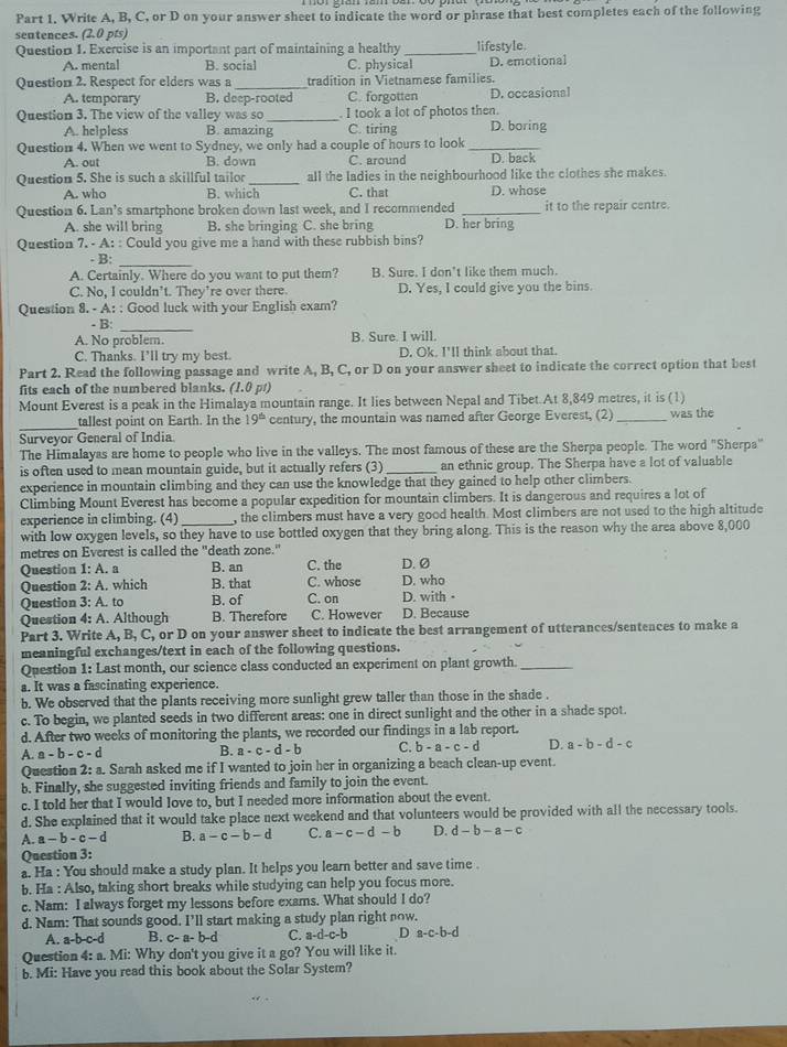 Giải quyết:Write A, B, C, or D on your answer sheet to indicate the ...