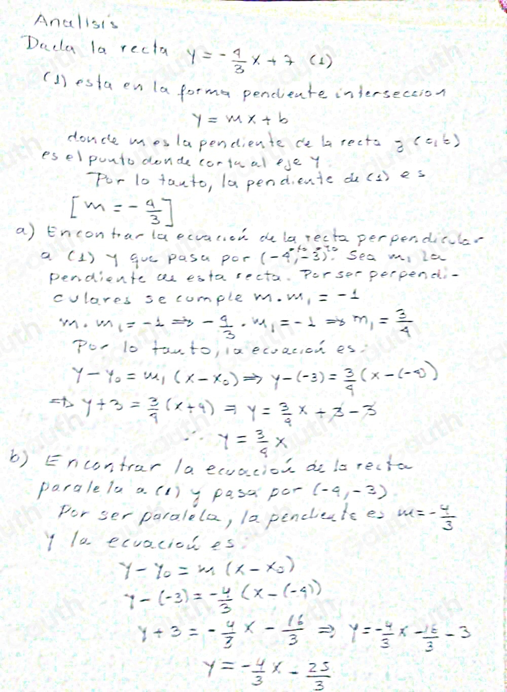 Solved: Consideremos la recta y=- 4/3 x+7. Hallar la ecuación de la ...