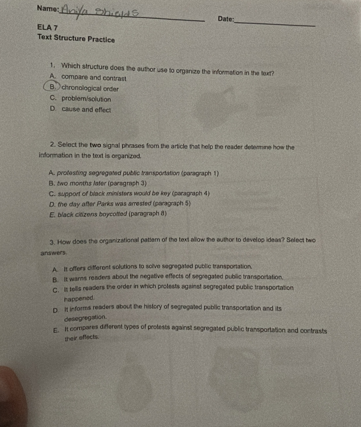 Solved: Name: _ _ Date: ELA 7 Text Structure Practice 1. Which ...