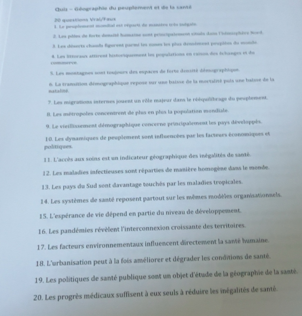 Solved: Quiz - Géographie du peuplement et de la santé 20 questions ...