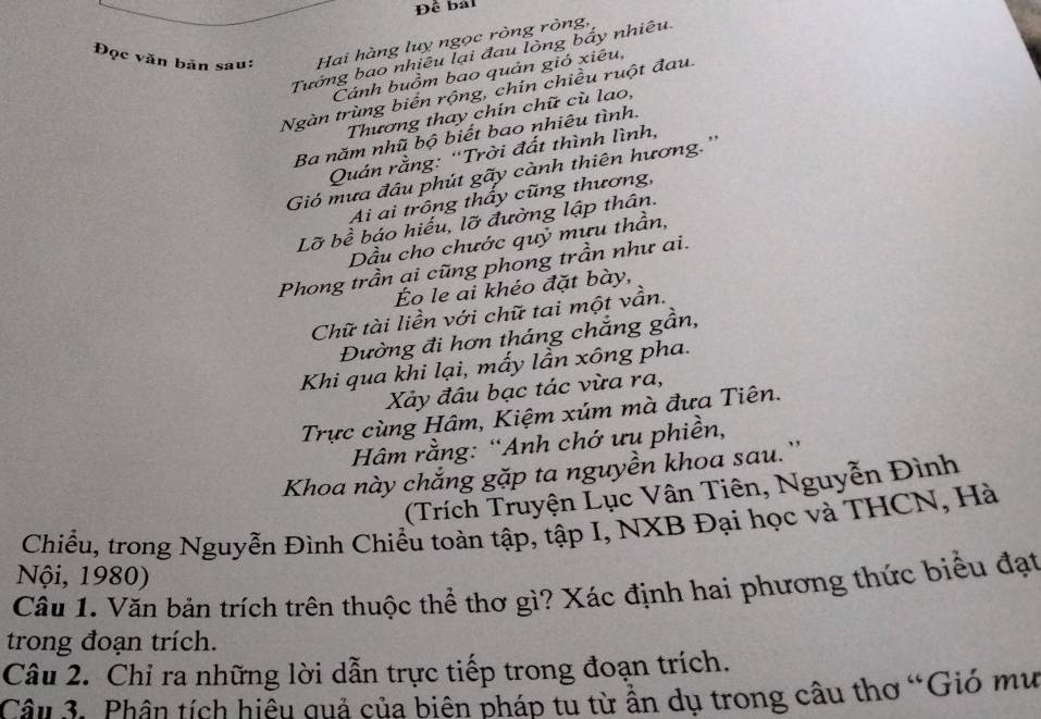 Giải quyết:Đề bài Đọc văn bản sau: Hai hàng luy ngọc ròng ròng, Tưởng ...