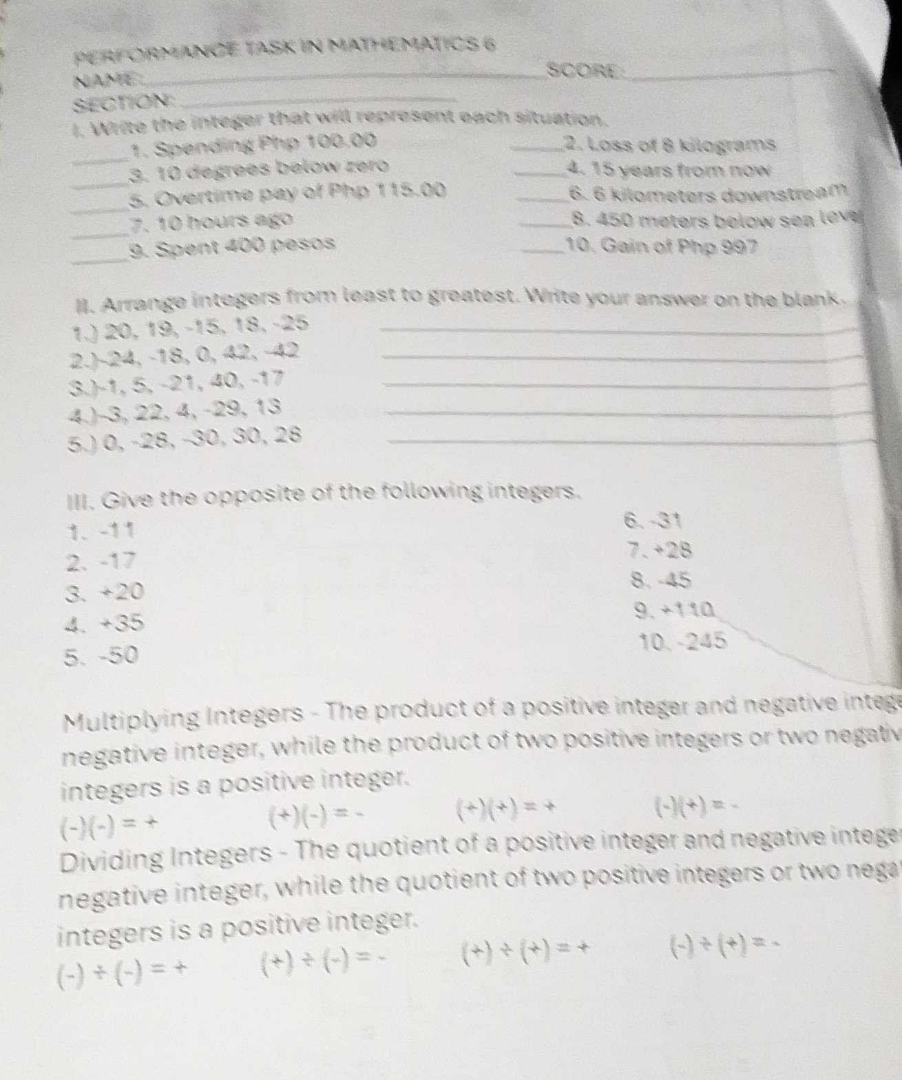 Solved: PERFORMANCE TASK IN MATHEMATICS 6 _SCORE_ _ NAME. SECTION: I ...