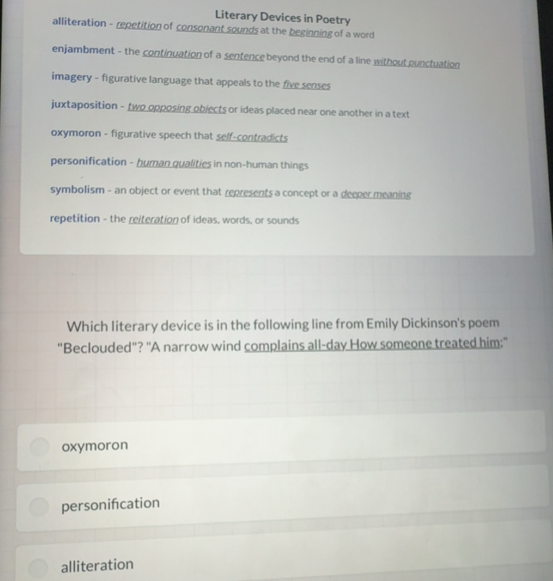 Solved: Literary Devices in Poetry alliteration - repetition of ...