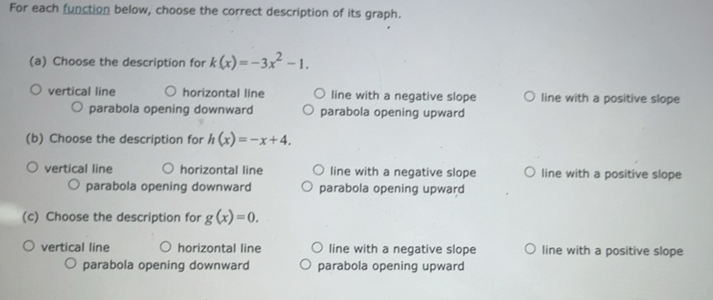 Resuelto:For each function below, choose the correct description of its ...