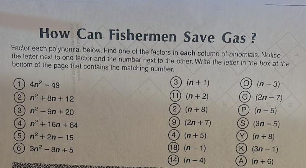 Solved: How Can Fishermen Save Gas ? Factor each polynomial below. Find ...