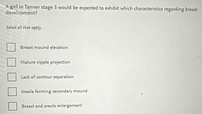 Solved: A girl in Tanner stage 3 would be expected to exhibit which ...