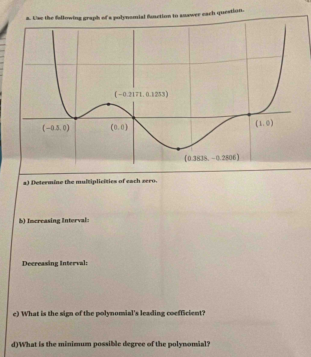 Solved: Use the following graph of a polynomial function to answer each ...