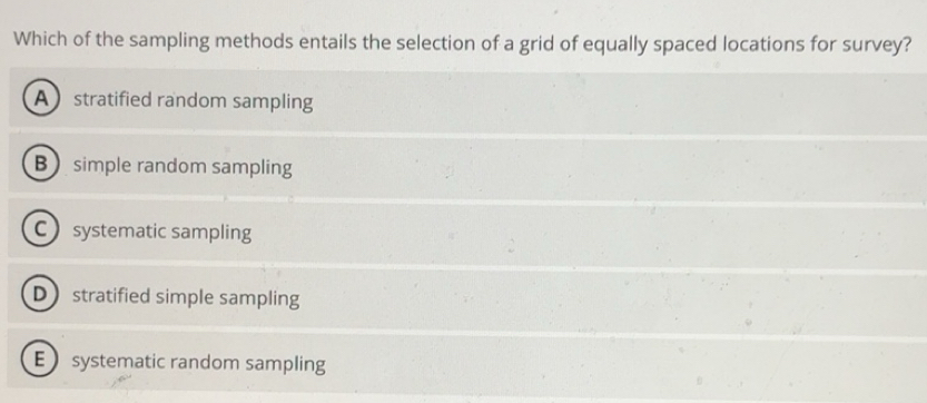 Solved: Which of the sampling methods entails the selection of a grid ...
