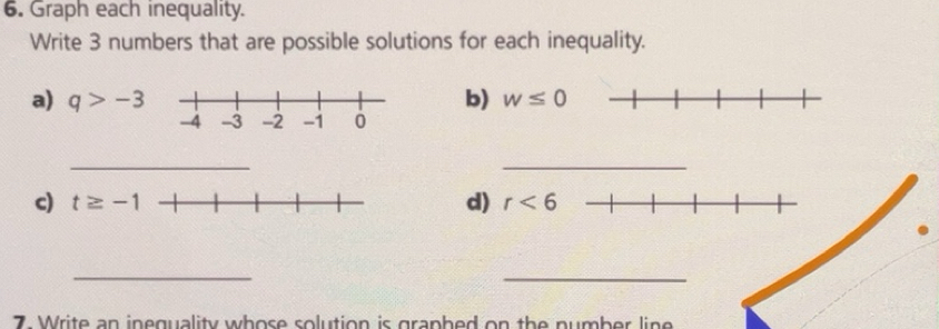 Solved: Graph each inequality. Write 3 numbers that are possible ...