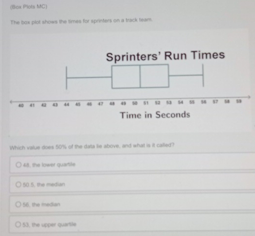 Solved: (Box Plots MC) The box plot shows the times for sprinters on a ...