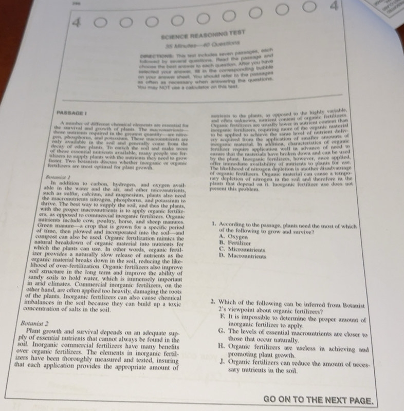 Solved: 218 4 4 SCIENCE REASONING TEST 35 Minutes—40 Question DRECTIONB ...