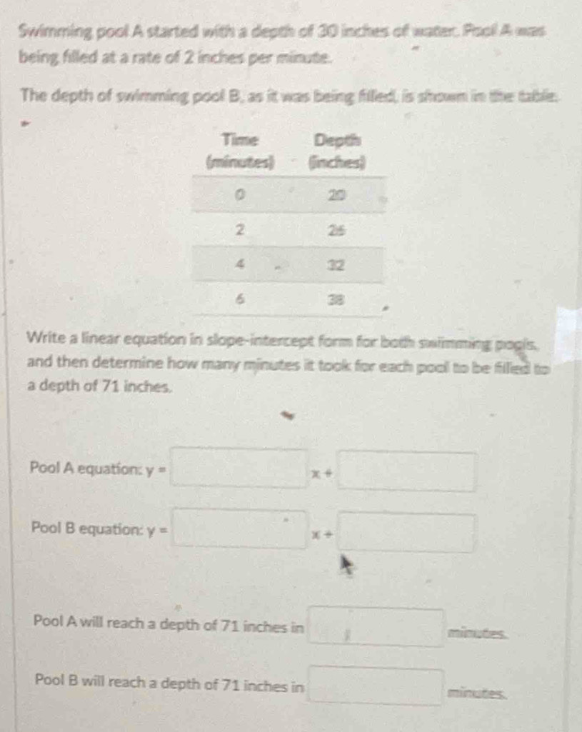 Solved: Swimming pool A started with a depth of 30 inches of water ...