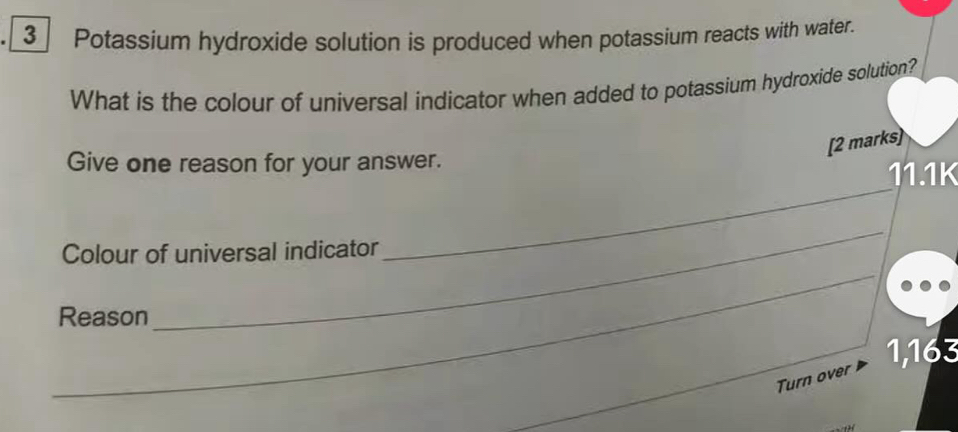 Solved: Potassium hydroxide solution is produced when potassium reacts ...