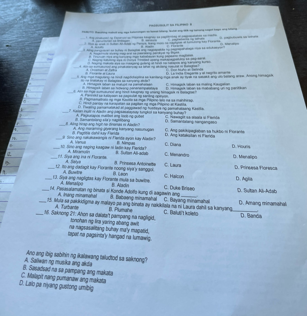 Solved: PAGSUSULIT SA FILIPINO B PANUTO: Basshing mabullang mya ...