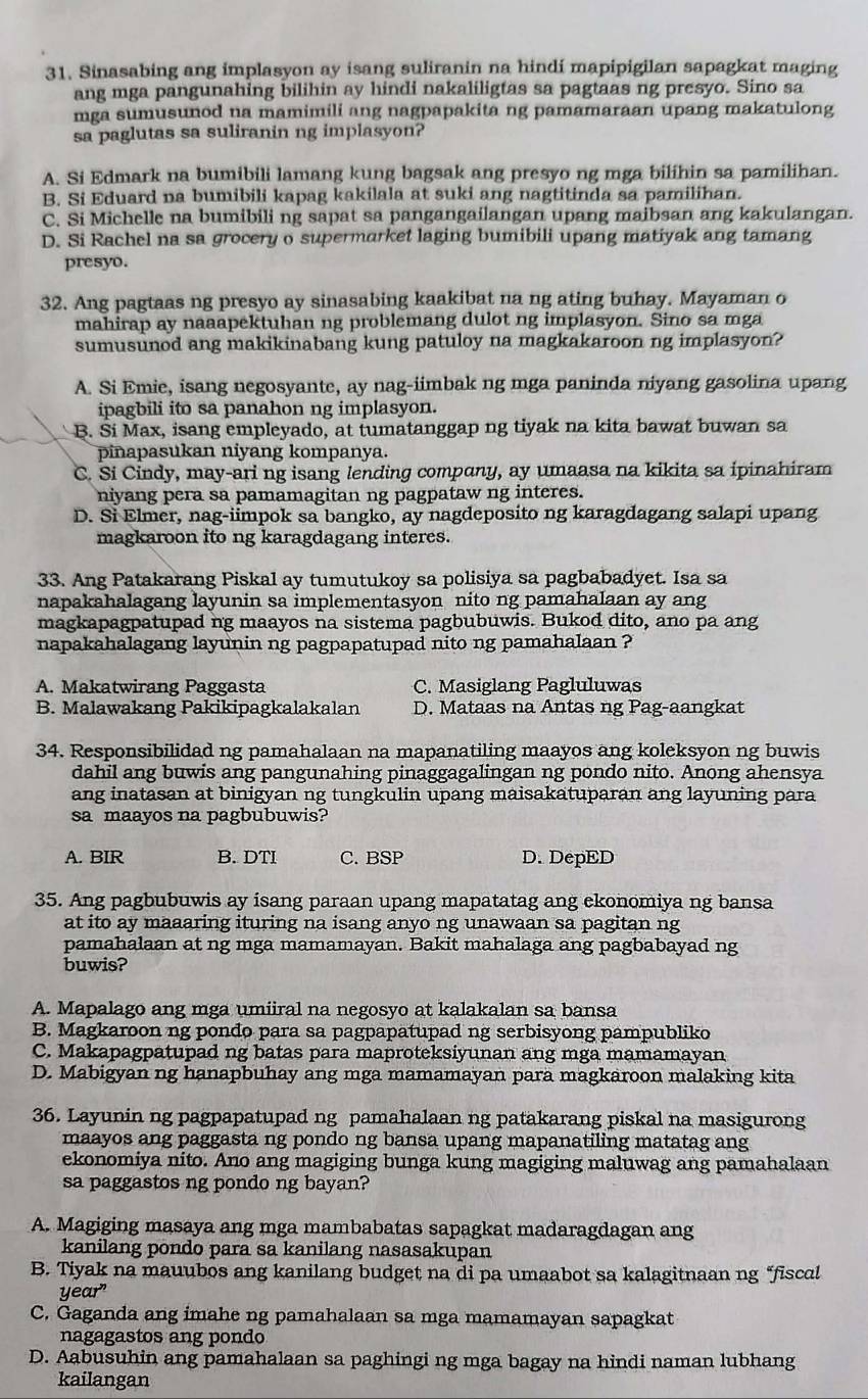 Solved: Sinasabing ang implasyon ay isang suliranin na hindi ...