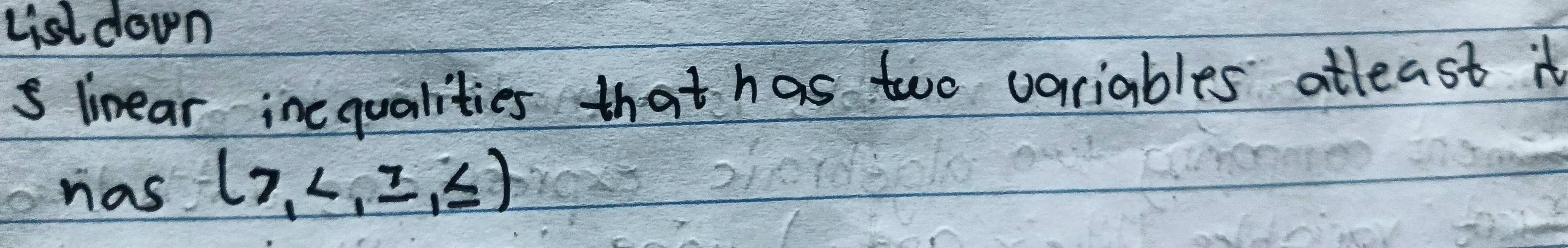 Solved: List down s linear inequalities that has two variables atleast ...