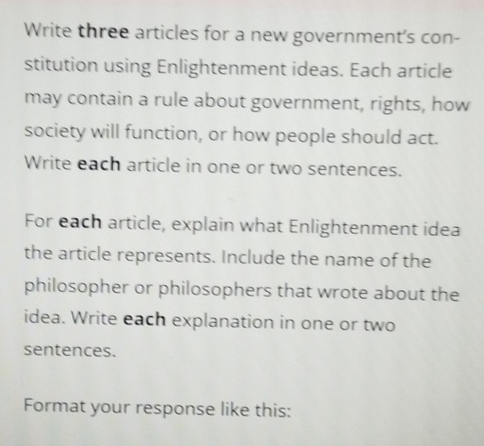 Solved: Write three articles for a new government's con- stitution ...