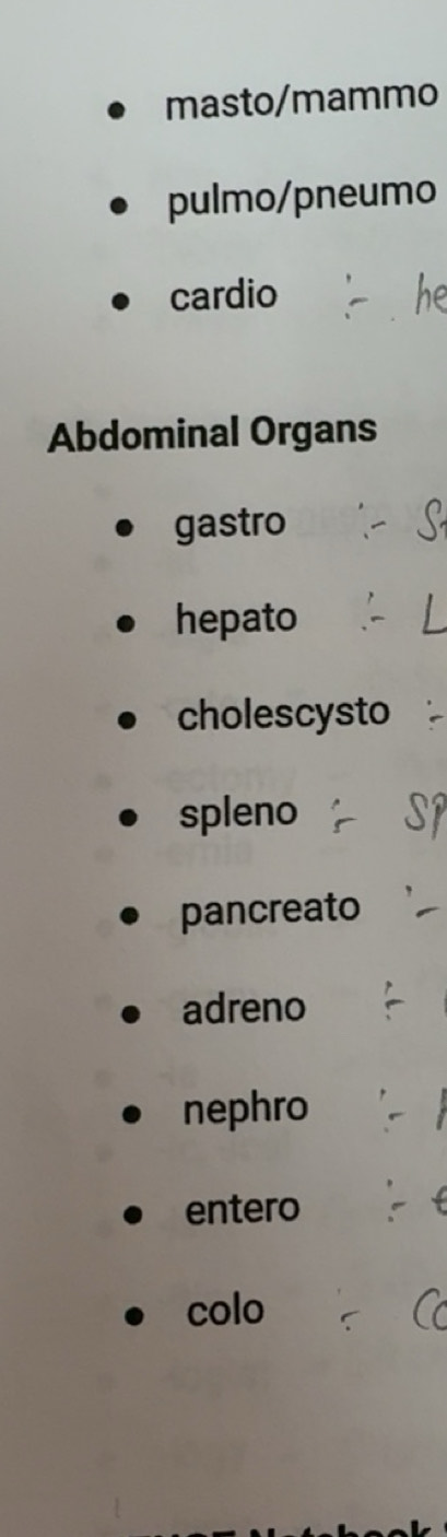 Solved: masto/mammo pulmo/pneumo cardio Abdominal Organs gastro hepato ...