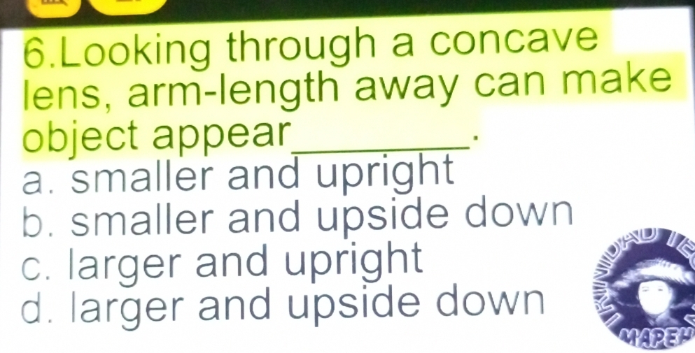Solved: Looking through a concave lens, arm-length away can make object ...