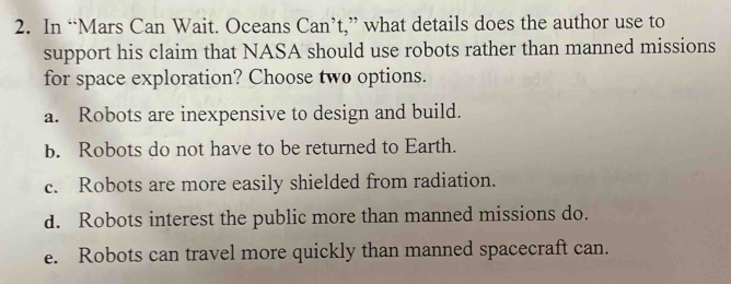 Solved: In “Mars Can Wait. Oceans Can’t,” what details does the author ...