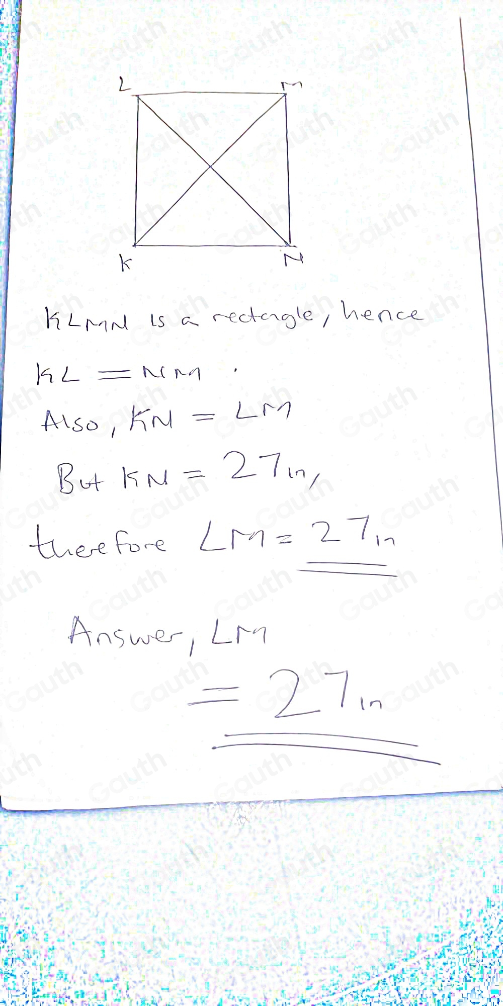Solved: There is a rectangular floor tile KLMN. Find LM, if KN=27 in ...