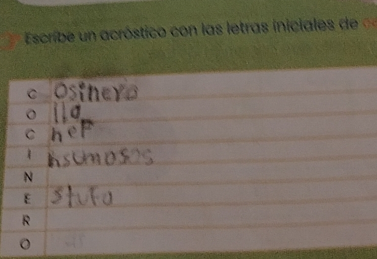 Resuelto:Escribe un acróstico con las letras iniciales de N E R a