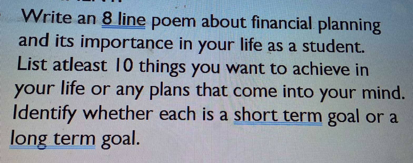 Solved: Write an 8 line poem about financial planning and its ...