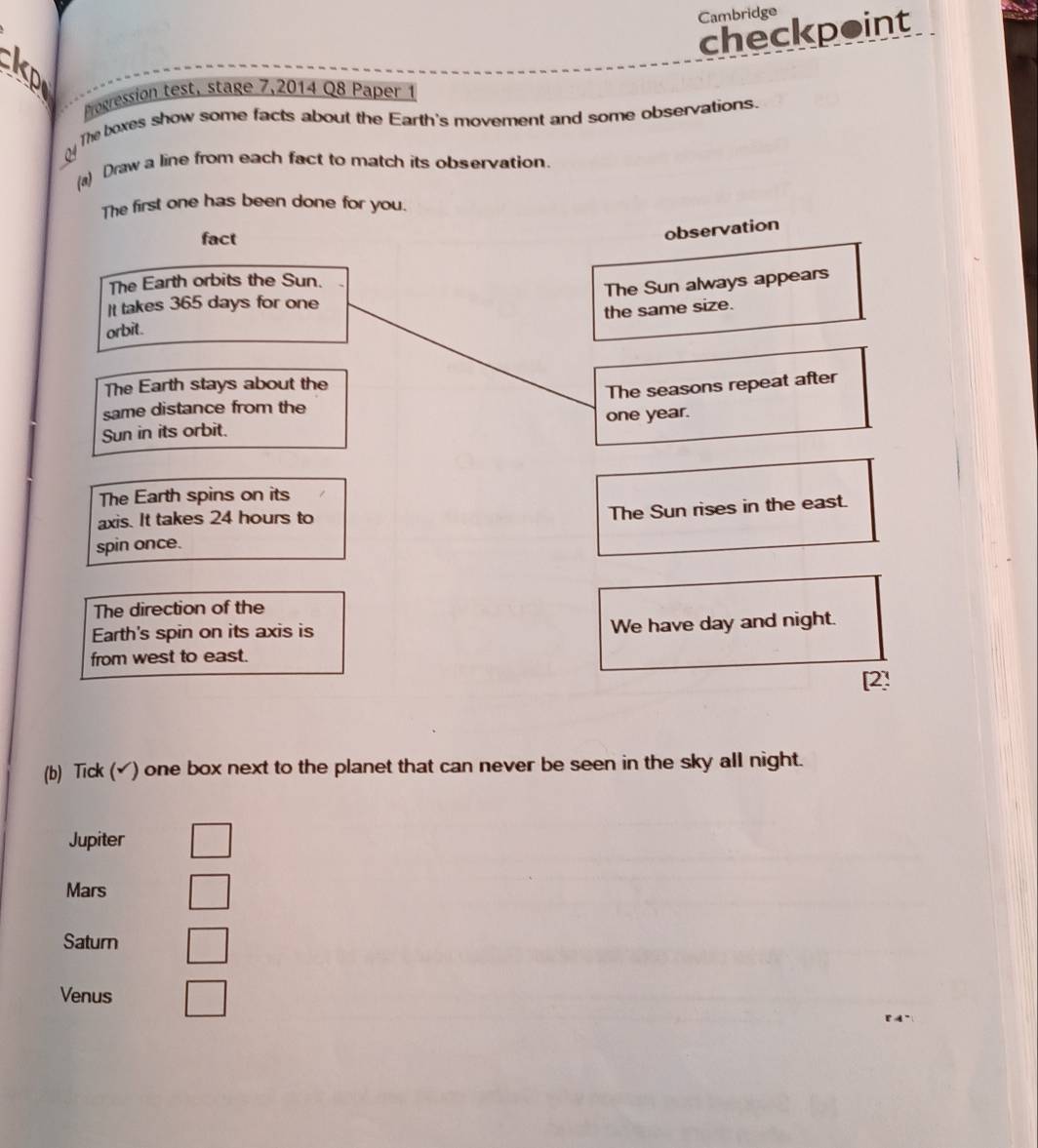 تم الحل:Cambridge checkpoint kp Progression test, stage 7,2014 Q8 Paper ...