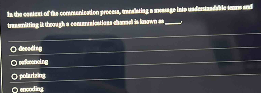 Solved: In the context of the communication process, translating a ...