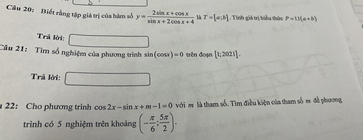Giải quyết:Biết rằng tập giá trị của hàm số y= (2sin x+cos x)/sin x+ ...