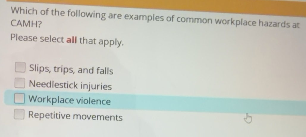 Solved: Which of the following are examples of common workplace hazards ...