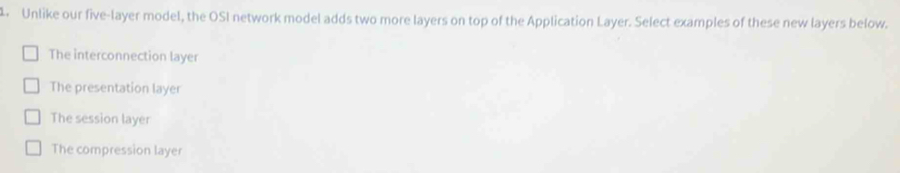 Solved: Unlike our five-layer model, the OSI network model adds two ...