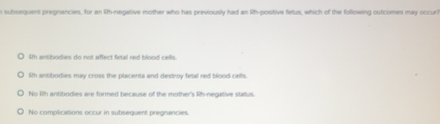 Solved: subsequent pregnancies, for an Rh-negative mother who has ...