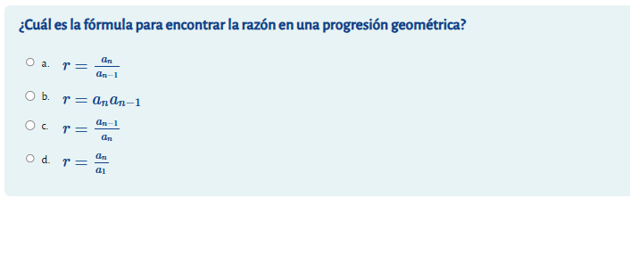 Resuelto:¿Cuál es la fórmula para encontrar la razón en una progresión ...