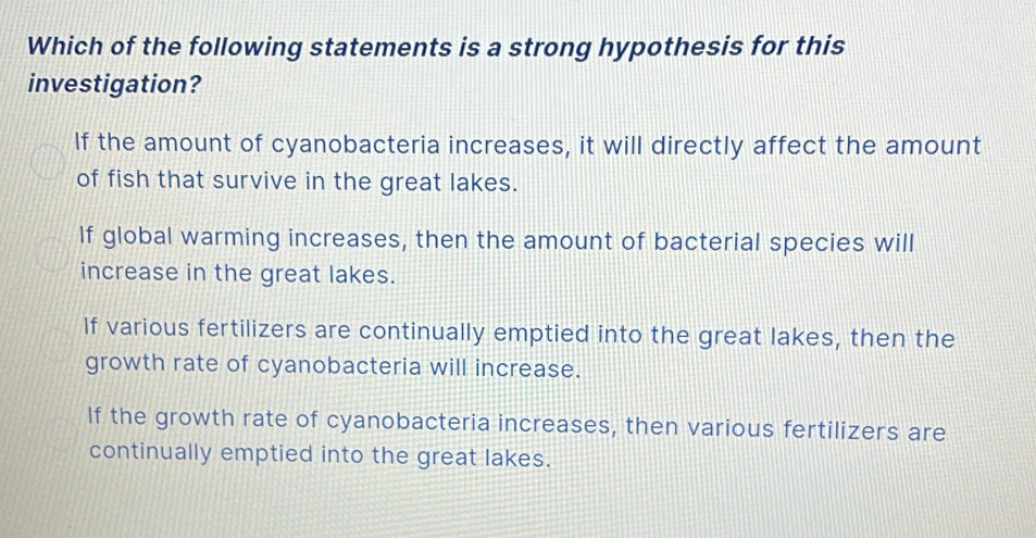 Which of the following statements is a strong hypothesis for this ...