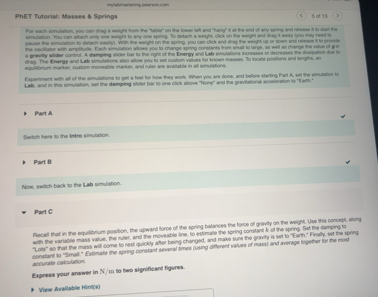 Solved: mylabmastering. pearson.com PhET Tutorial: Masses & Springs 5 ...