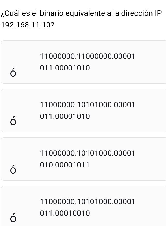 Resuelto:¿Cuál es el binario equivalente a la dirección IP 192.168.11 ...