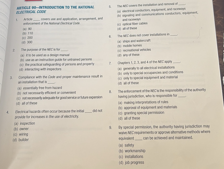 Solved: ARTICLE 90—INTRODUCTION TO THE NATIONAL 5. The NEC covers the ...