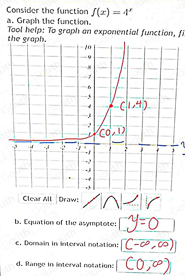 Solved: Consider the function f(x)=4^x a. Graph the function. Tool help: To graph an exponential ...