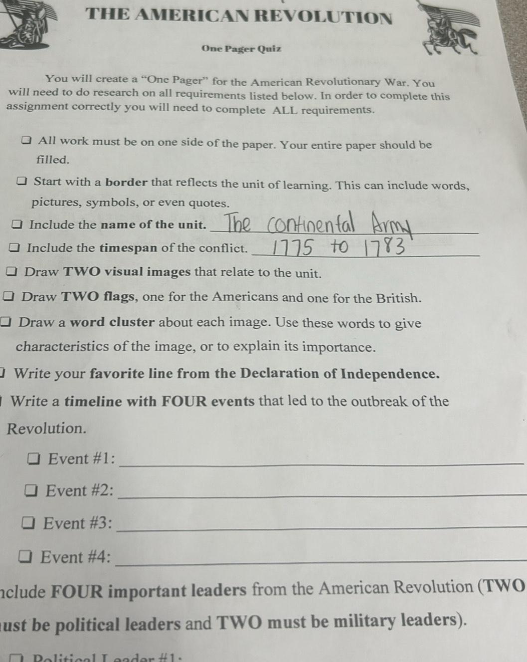 Solved: THE AMERICAN REVOLUTION One Pager Quiz You will create a “One ...