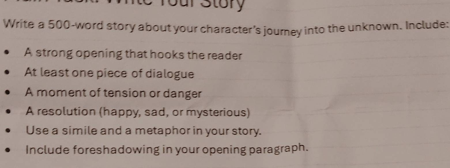 Solved: Tour Story Write a 500 -word story about your character's ...