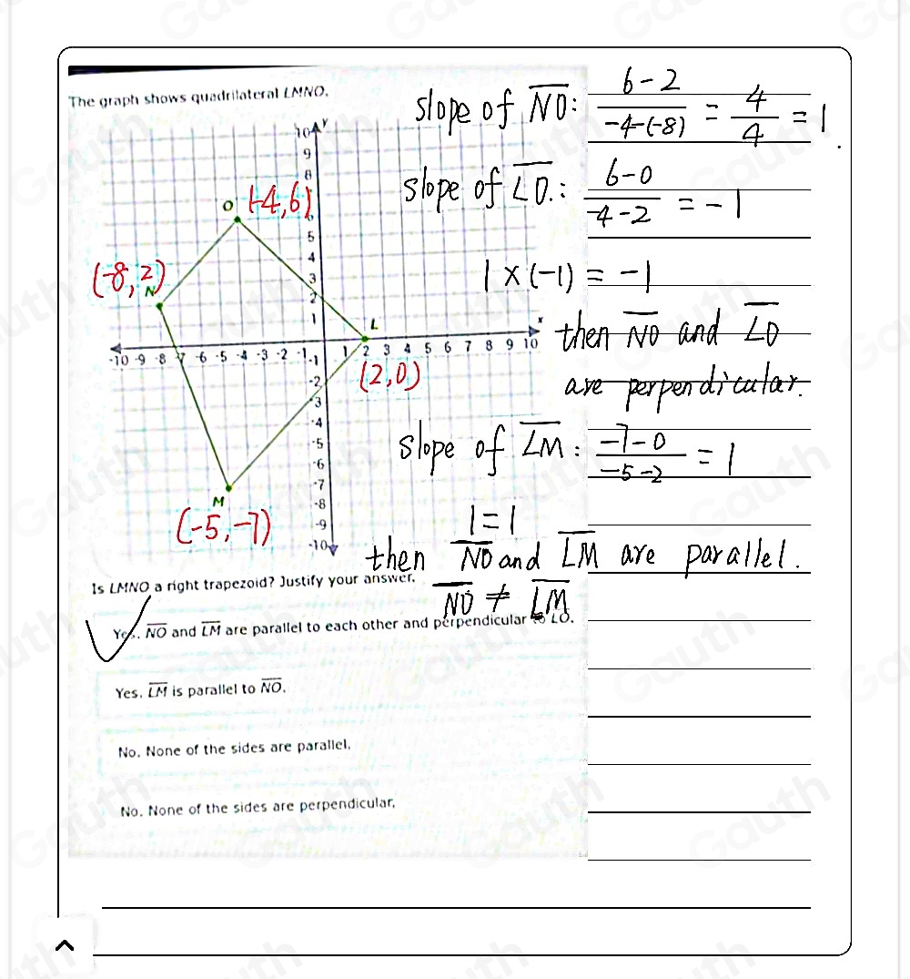 Solved: The graph shows quadrilateral LMNO. Is LMNO a right trapezoid? Justify your answer. Yes ...